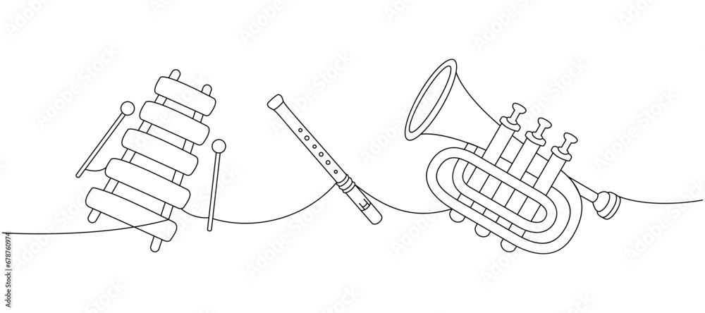 Various musical instruments one line continuous drawing. Wooden ...
