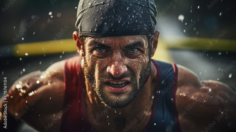 rower in a race, sweat and determination visible on their face ...