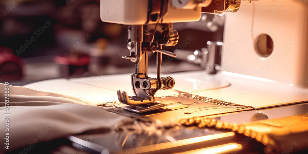 A sewing machine sewing a clothes, A detailed view of a sewing machine ...