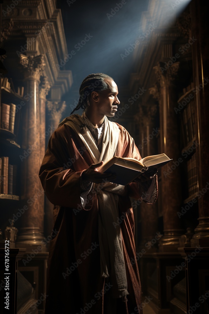 A captivating midrange shot of a famous poet, standing in a Roman ...