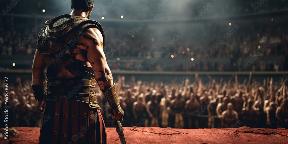 A dramatic scene showing the aftermath of a gladiator fight, with one ...