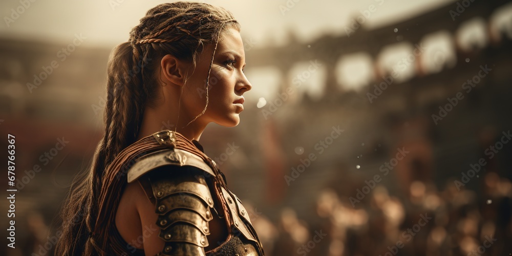 A female gladiator, a rare sight in ancient Rome, stands ready to ...