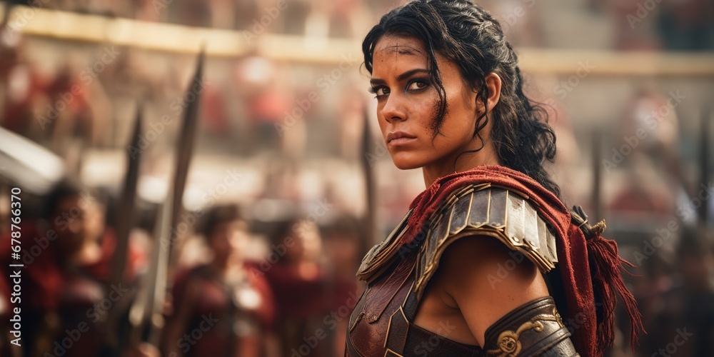 A female gladiator, a rare sight in ancient Rome, stands ready to ...