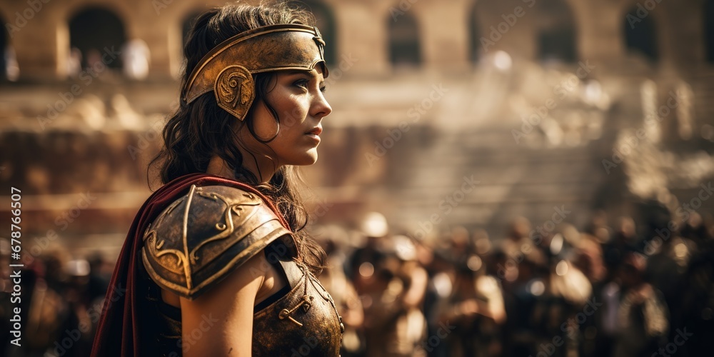 A female gladiator, a rare sight in ancient Rome, stands ready to ...