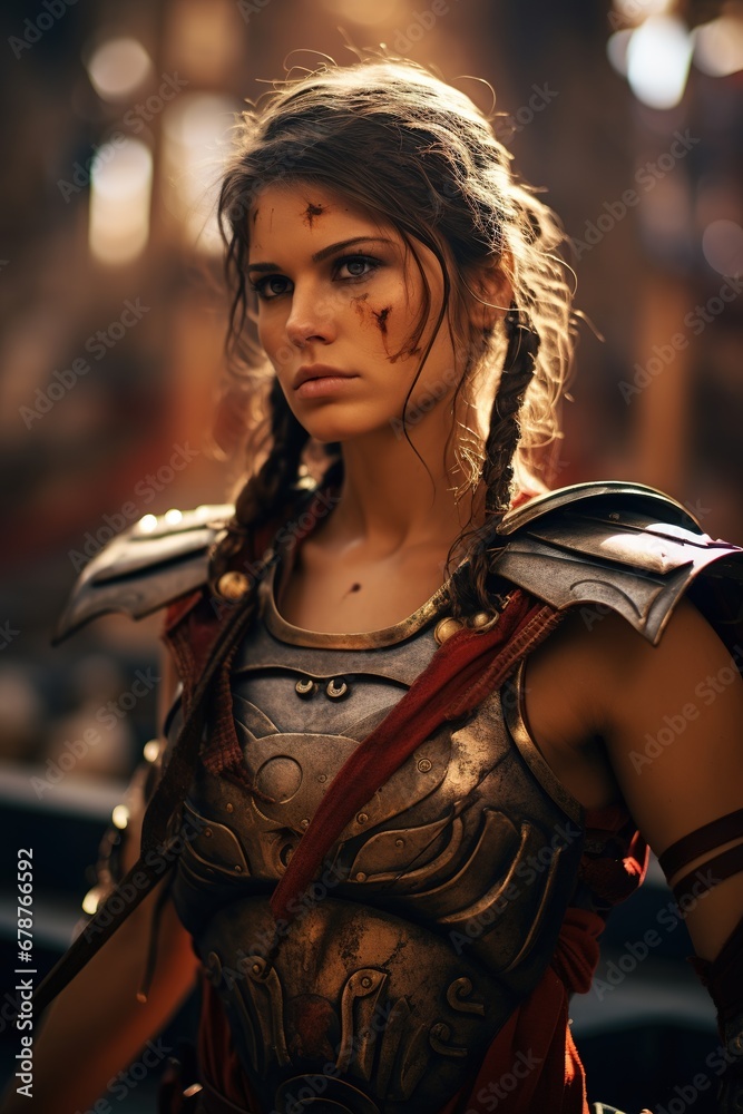 A female gladiator, a rare sight in ancient Rome, stands ready to ...