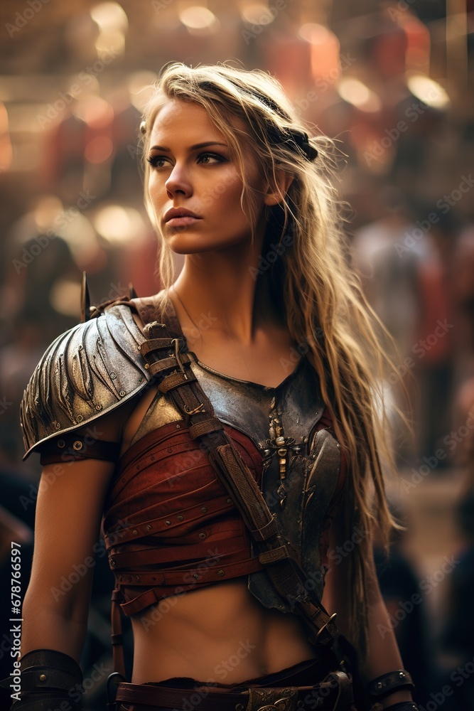 A female gladiator, a rare sight in ancient Rome, stands ready to ...
