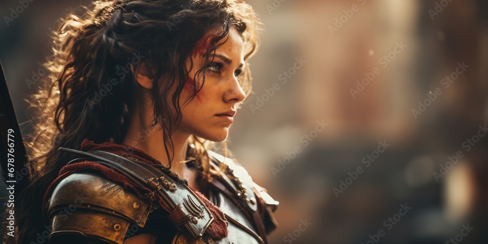 A female gladiator, a rare sight in ancient Rome, stands ready to ...
