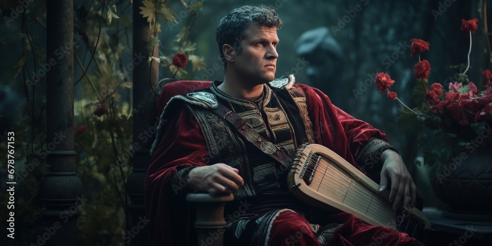 A midrange portrait of Emperor Nero, thoughtfully playing a lyre in a ...