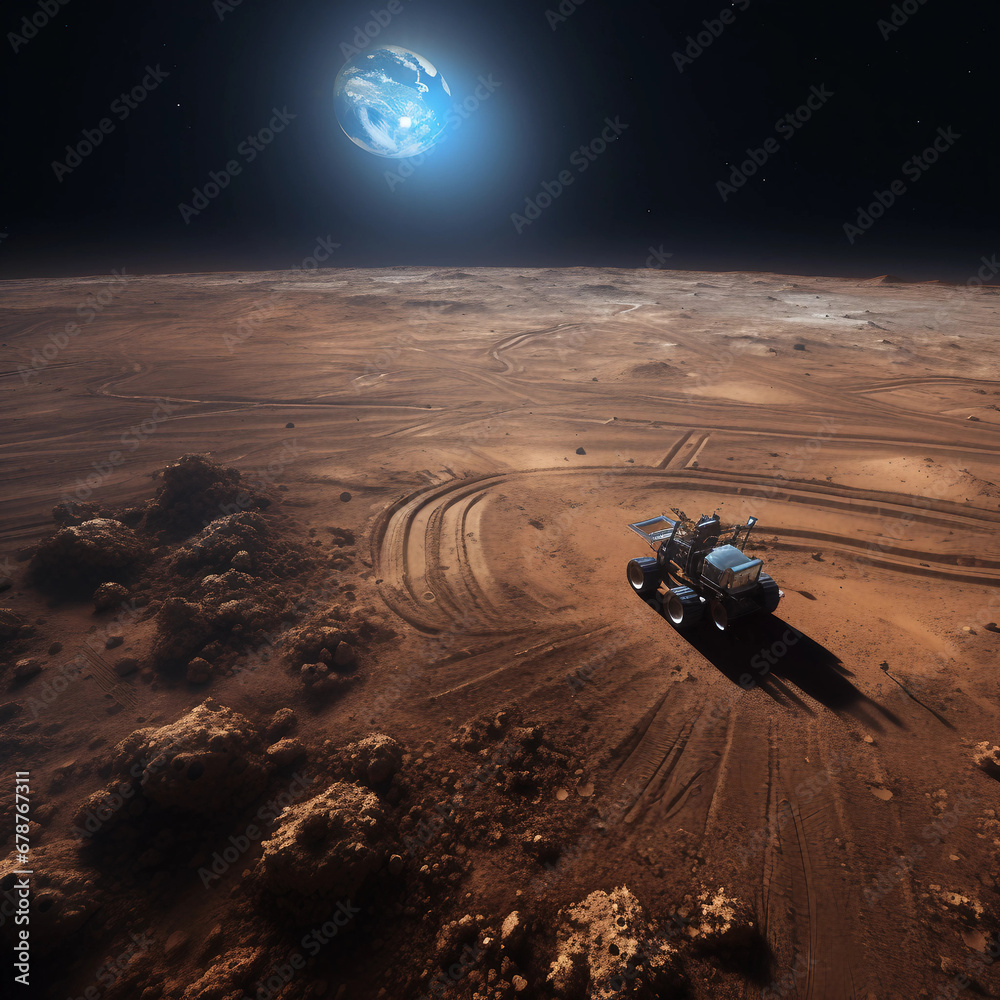 a exploration rover on the surface of the Moon with Earth's blue marble ...