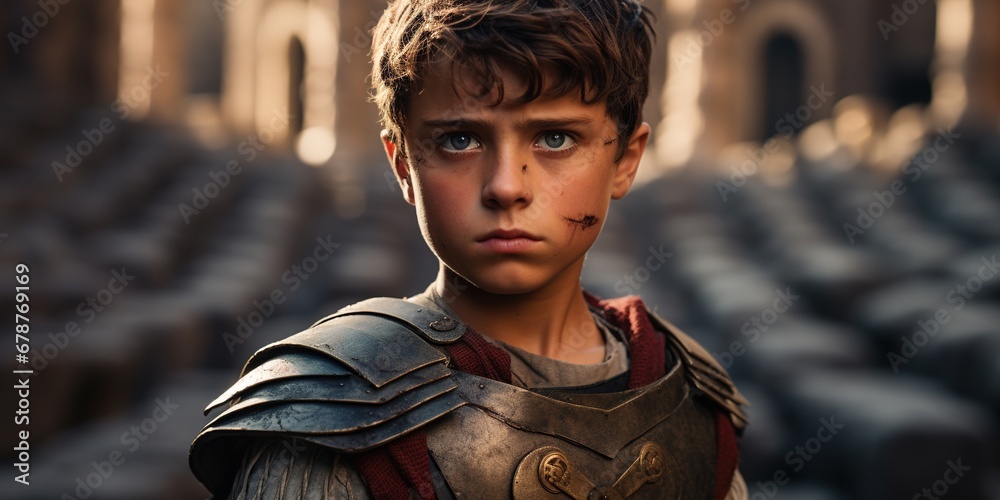 The intense eyes of a young gladiator, newly arrived at the Colosseum ...