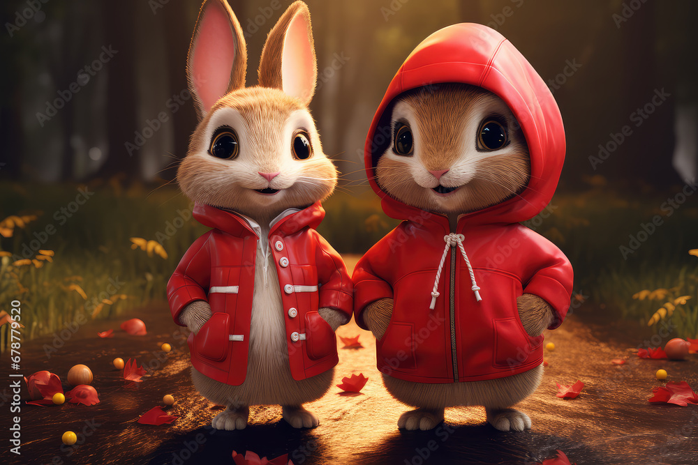 3D illustration featuring a cute rabbit couple in red clothes, Perfect ...
