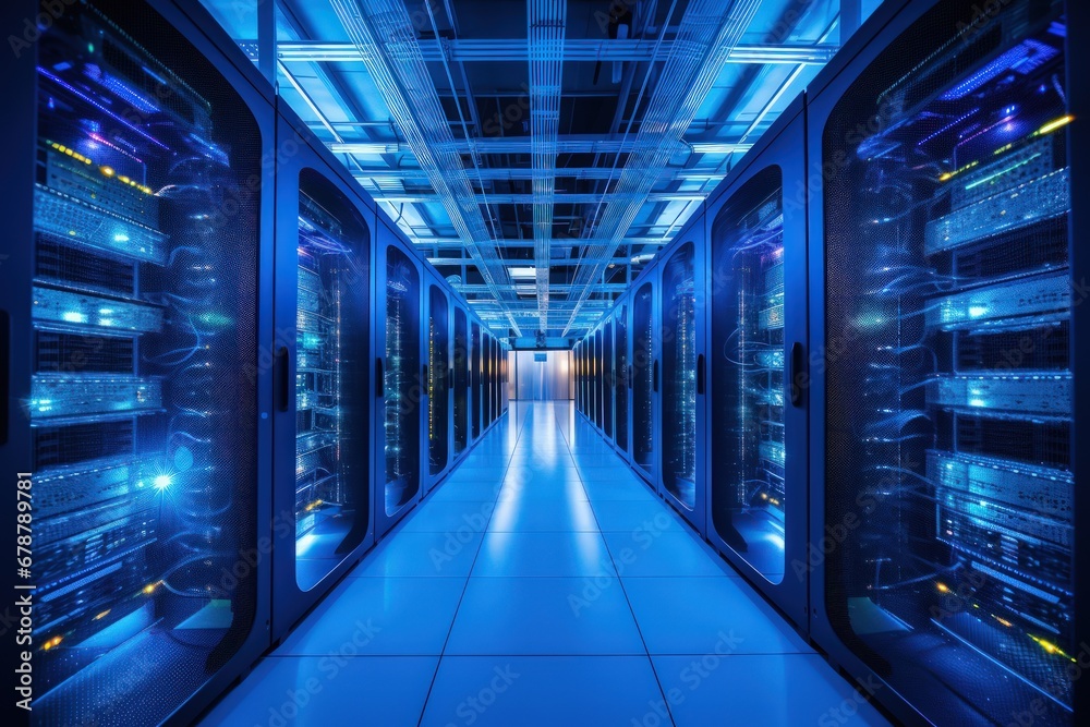 Data center. Server racks in server room data center. A modern data center featuring multiple ...