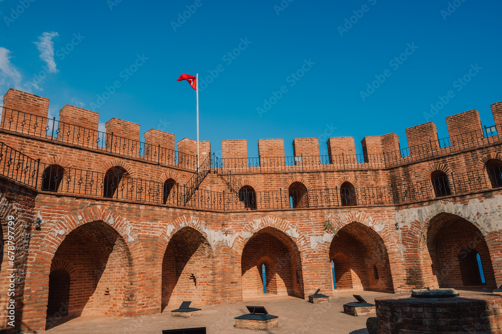 Upper part of the historical Red Tower - Kizil Kule, in Alanya Castle ...