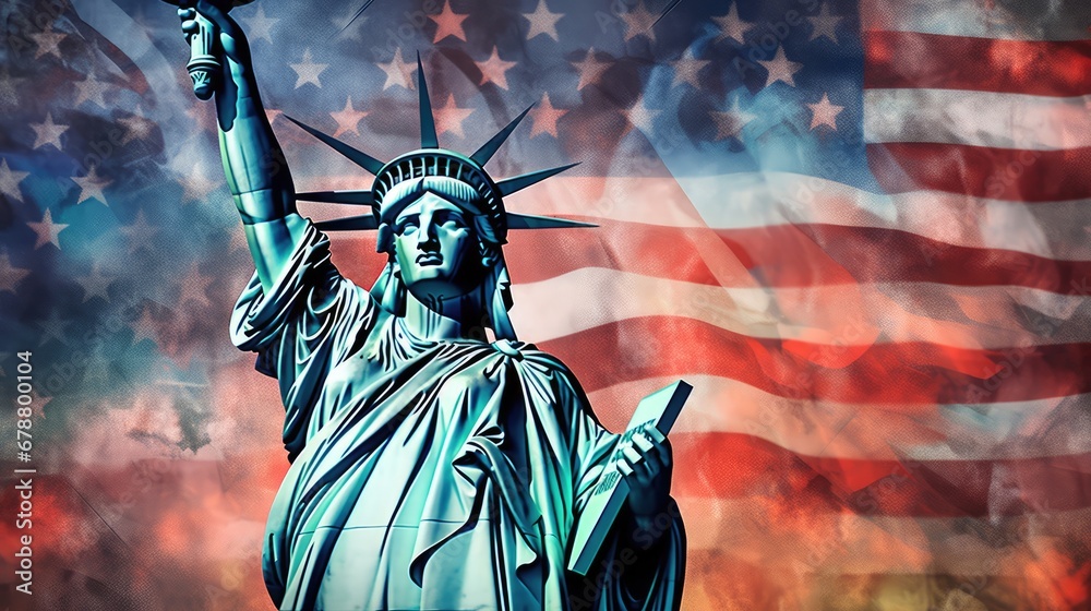 a picture of the statue of liberty in front of an american flag with ...