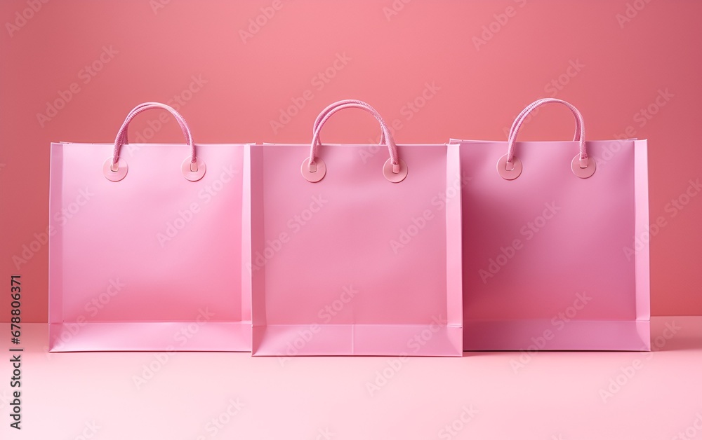 Cute pink paper bags isolated on pink background. Monochromatic mockup ...