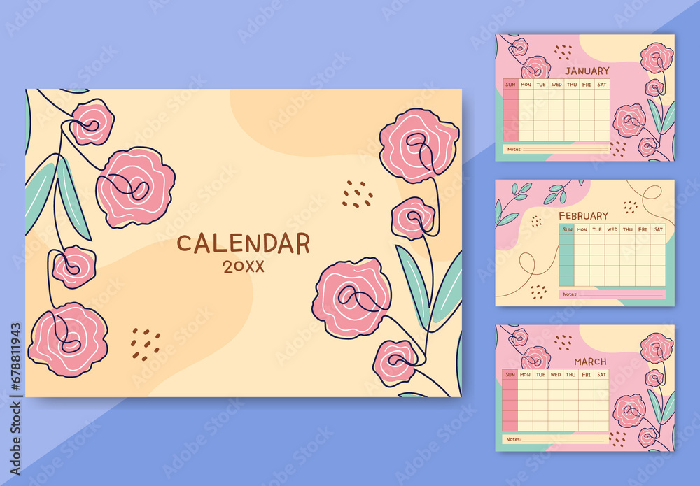 Pink and Beige Floral Monthly Calendar Template Stock Template | Adobe ...