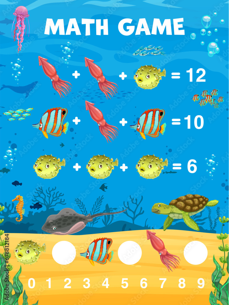 Vetor de Math game worksheet. Cartoon animals, fish and turtle. Vector ...