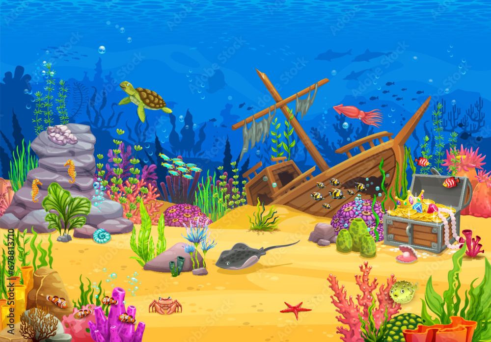 Arcade game level background. Cartoon underwater landscape with sunken ...