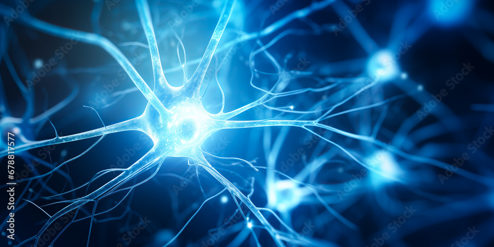 Nerve cell blue color banner, system neuron of brain with synapses ...