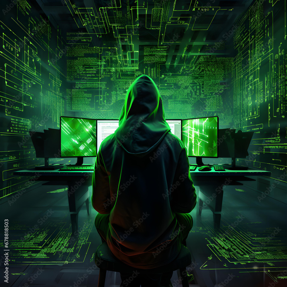 ultra realistic imagine of a hooded computer hacker, in a dark room ...