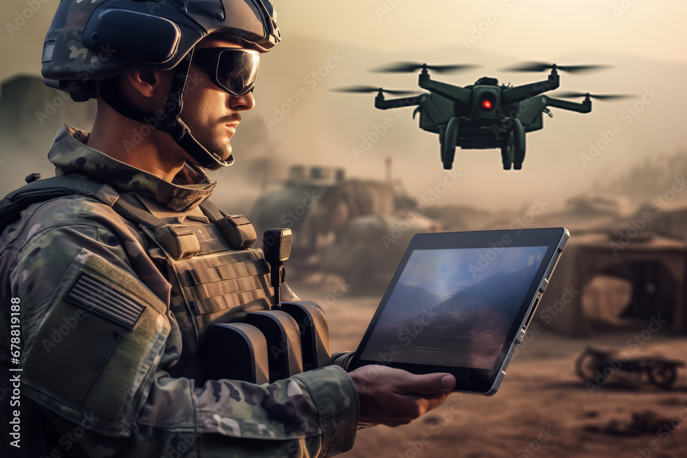 Military soldier controls drone on tablet for reconnaissance operation ...