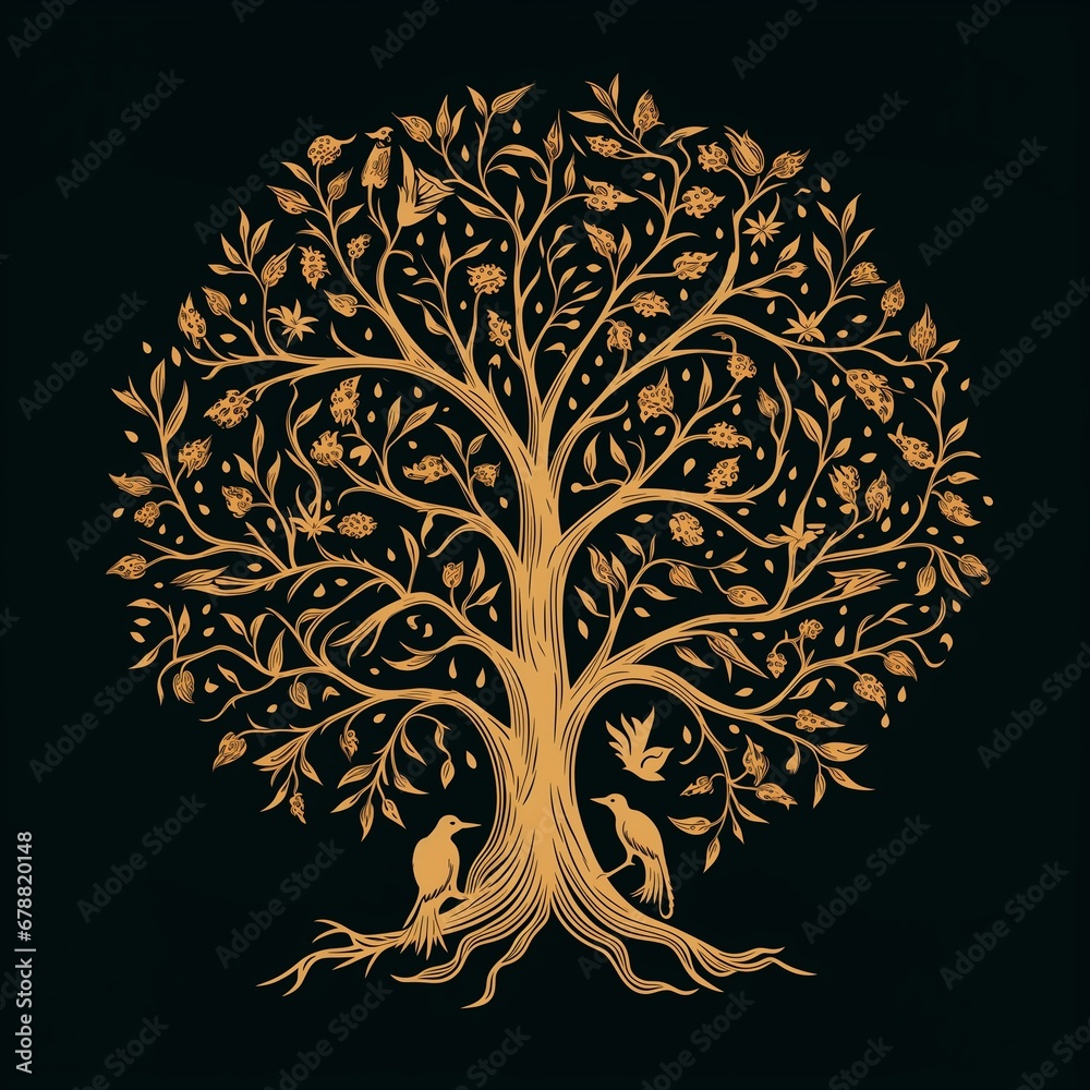 Magnificent golden tree with birds, leaves, flowers and roots, golden ...