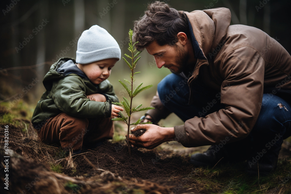 Young father teaching his son the value of nature and environmental ...