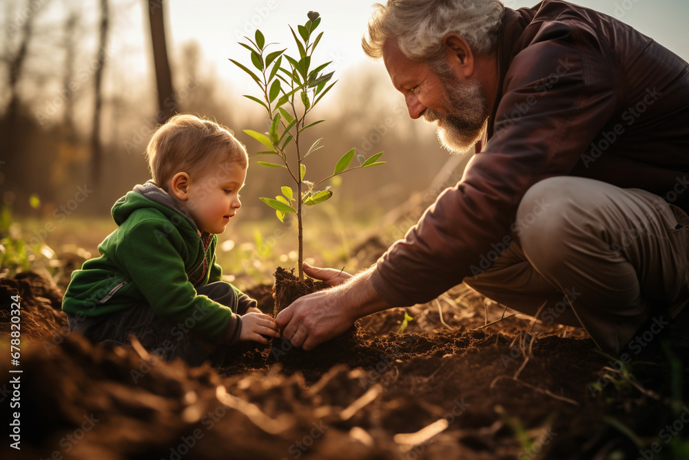 Young father teaching his son the value of nature and environmental ...