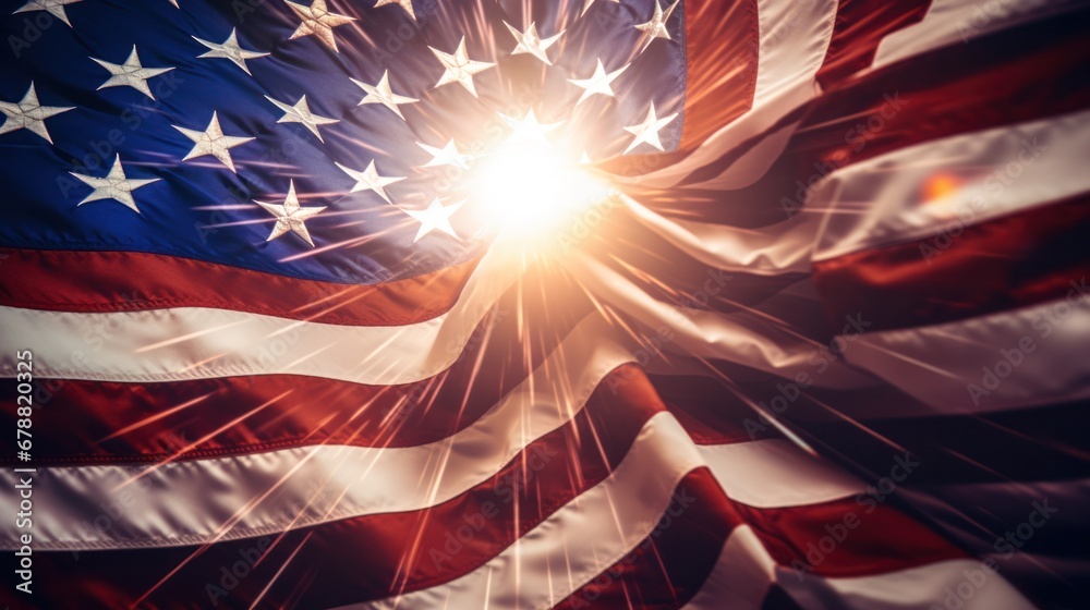 Bright American Flag Starburst with Red Fireworks Bursting in Night Sky ...