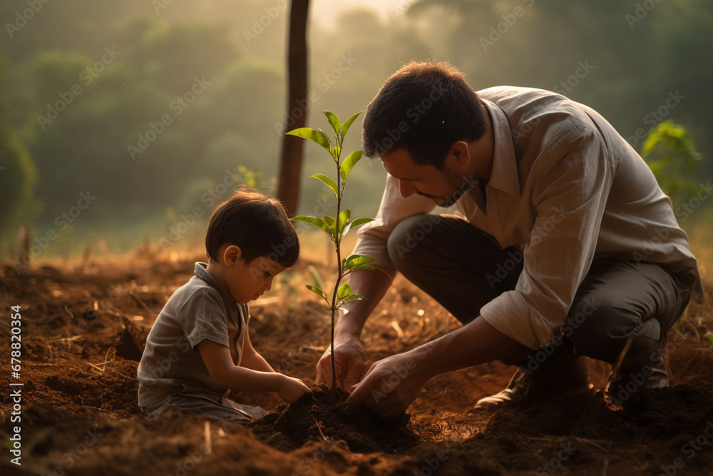 Foto de Young father teaching his son the value of nature and ...
