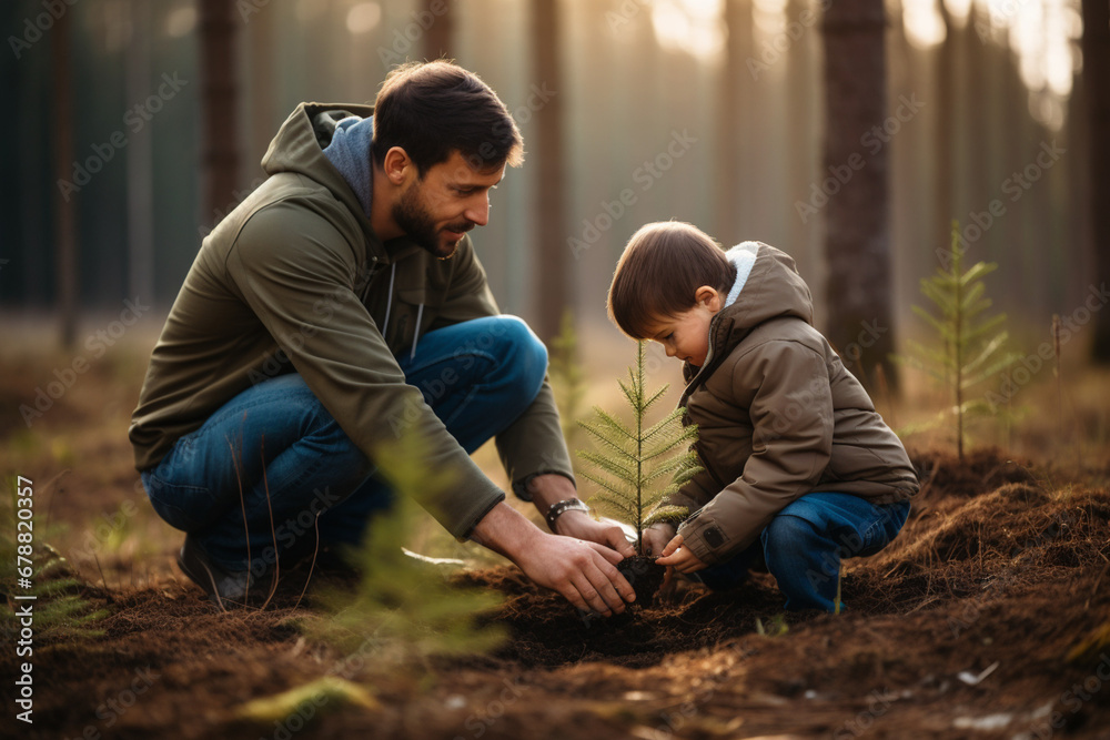 Young father teaching his son the value of nature and environmental ...