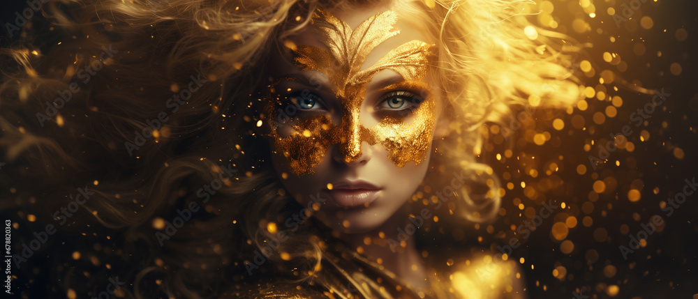 Model like an angel with golden face paint and gold leaf sparkling ...