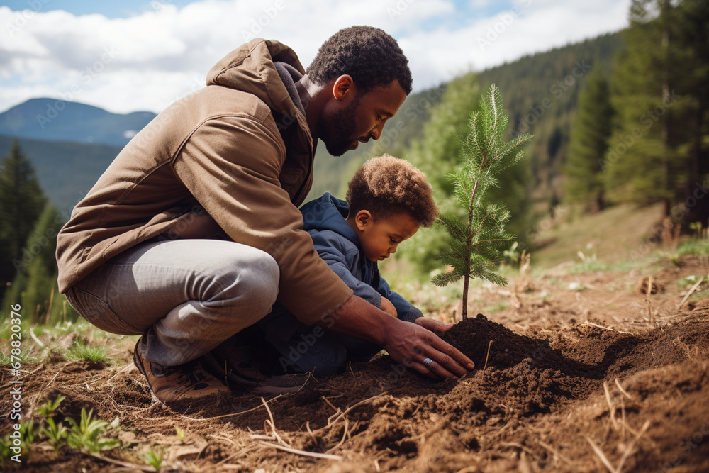 Young father teaching his son the value of nature and environmental ...