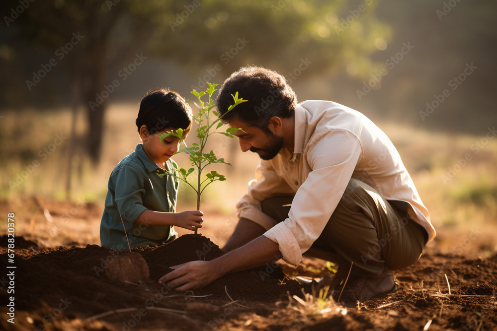 Young father teaching his son the value of nature and environmental ...
