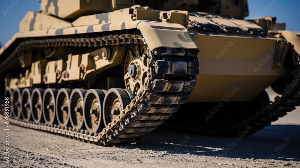 Close up side on view of military tank tracks and desert tan coloured ...