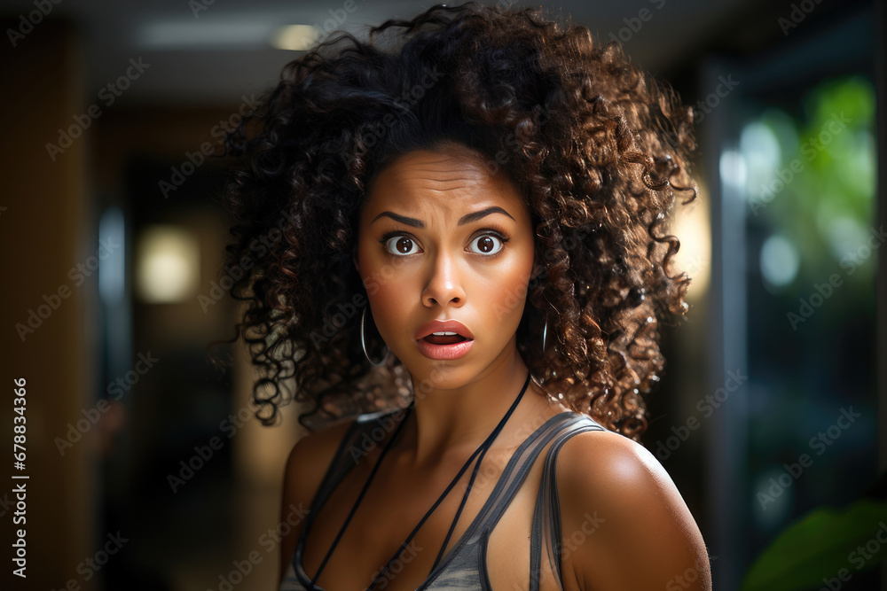 Portrait of a surprised young woman with curly hair, showing an ...