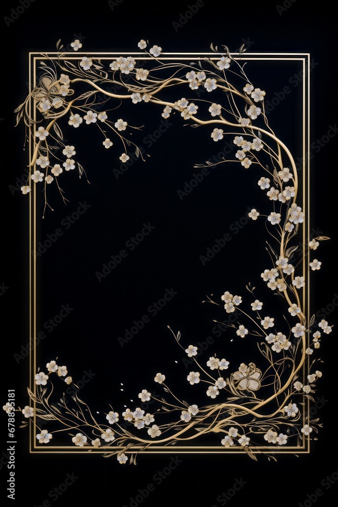 graphic vertical frame, white, flowers, black background, cornice fiori ...