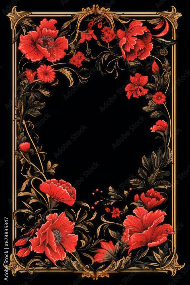 graphic vertical frame, red, flowers, black background, Cornice ...