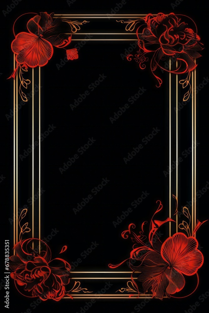 graphic vertical frame, red, flowers, black background, Cornice ...