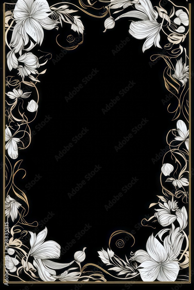 graphic vertical frame, white, flowers, black background, cornice fiori ...
