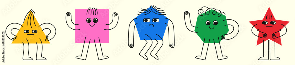 Colorful set of geometric shapes with emotions, arms and legs. Trendy ...