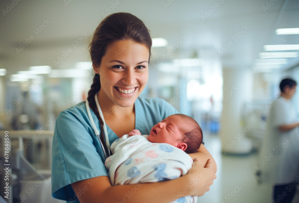Nurse cradling a newborn baby, displaying genuine emotions of nurture ...