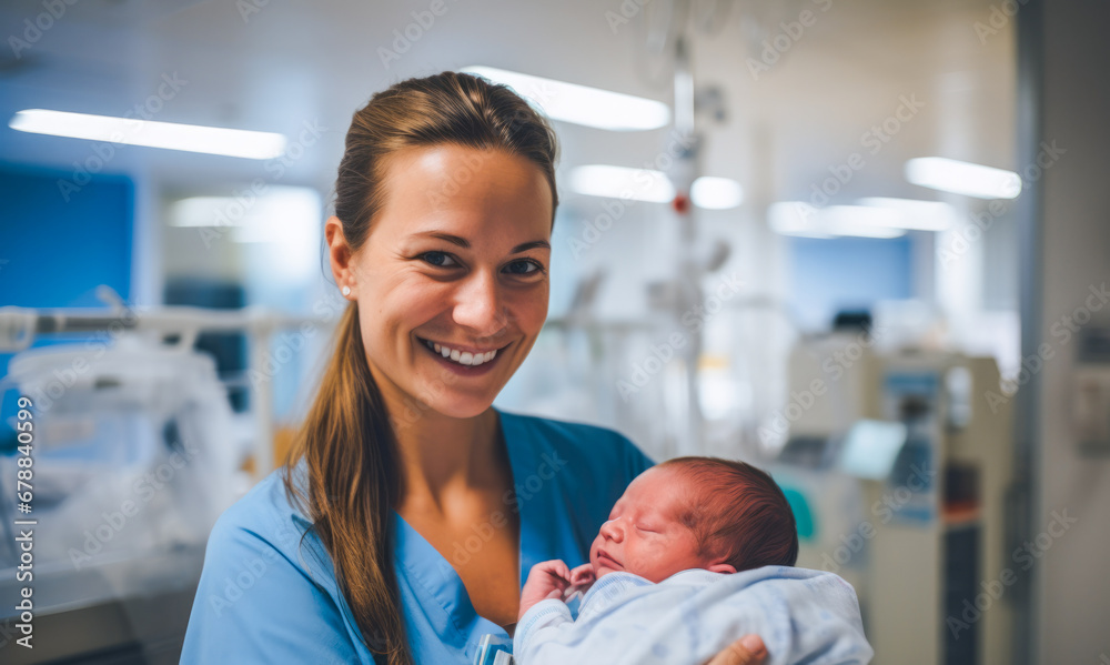 Nurse cradling a newborn baby, displaying genuine emotions of nurture ...