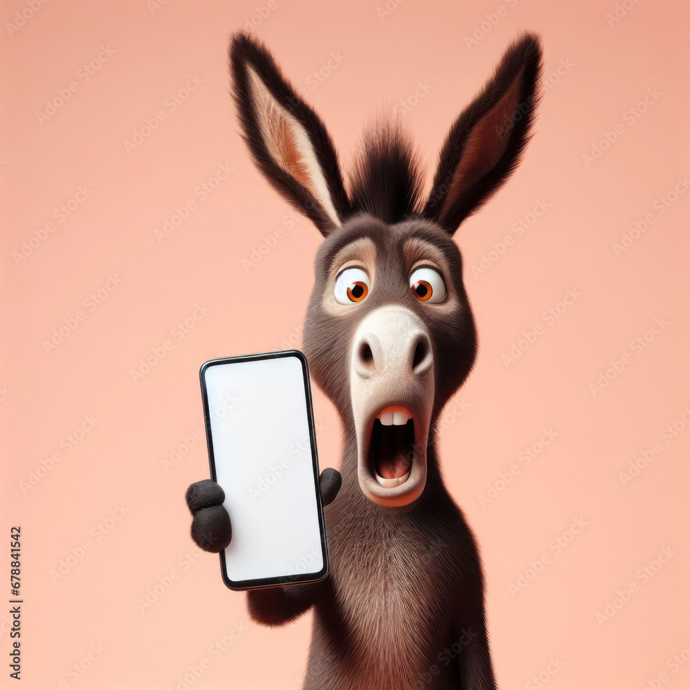 Shocked donkey holding smartphone with white mockup screen on solid ...
