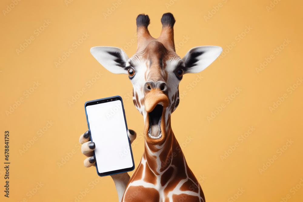 Shocked real giraffe holding smartphone with white mockup screen on ...