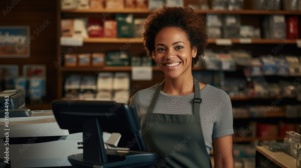 A smiling female cashier in a retail grocery store stands at the ...