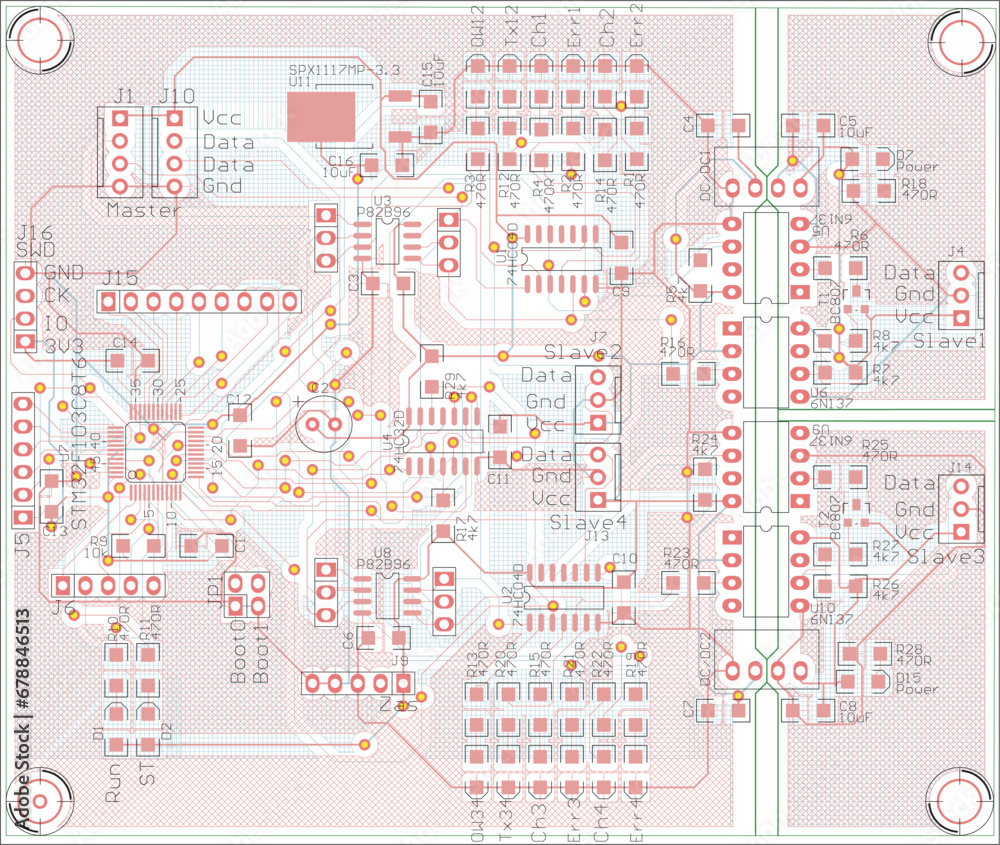 Vector printed circuit board of an electronic device with components of ...