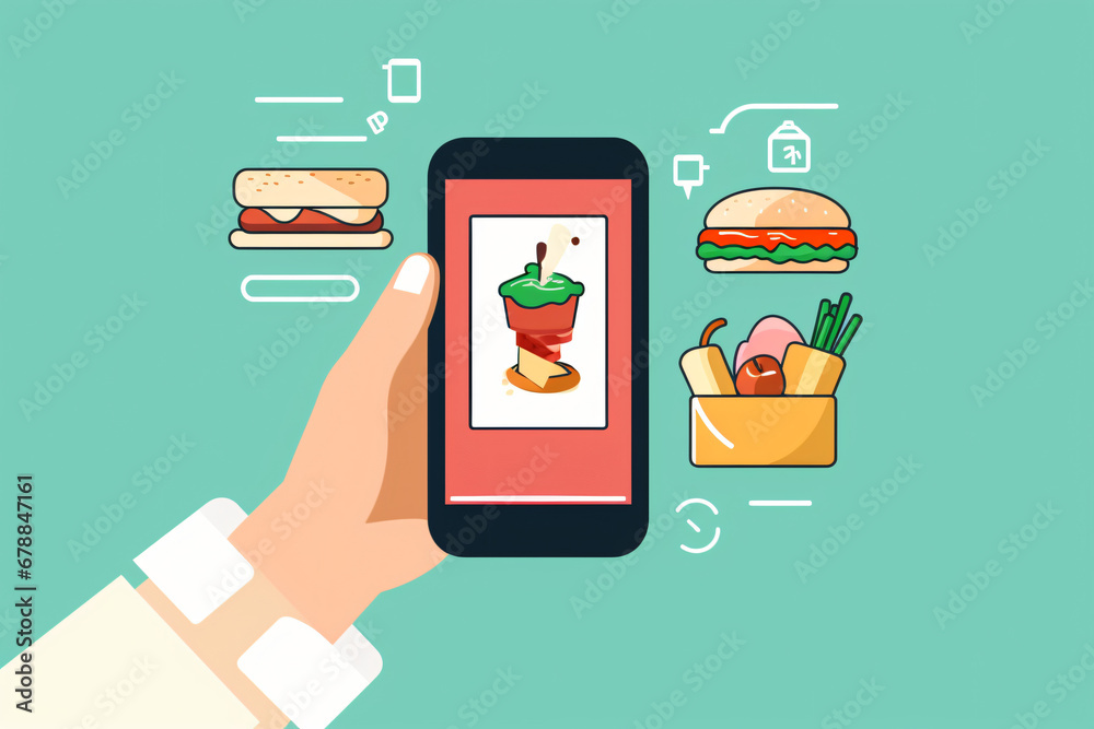 Hand holding smartphone with food app showing sandwich and groceries ...