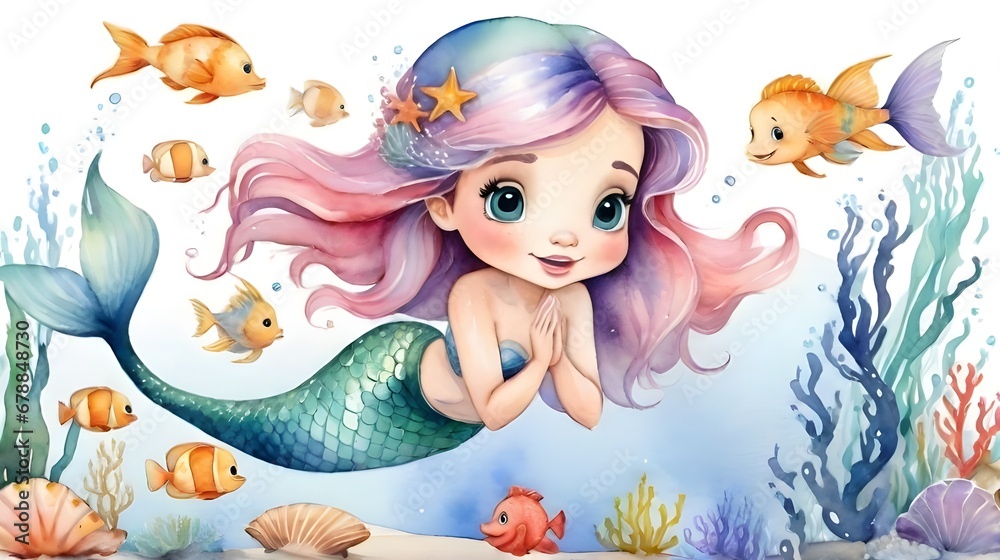 The cute little mermaid interacts with marine life cartoon characters ...