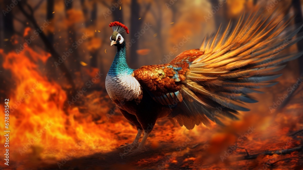 Fire pheasant is jumping in the forest with beautiful idols Ai ...